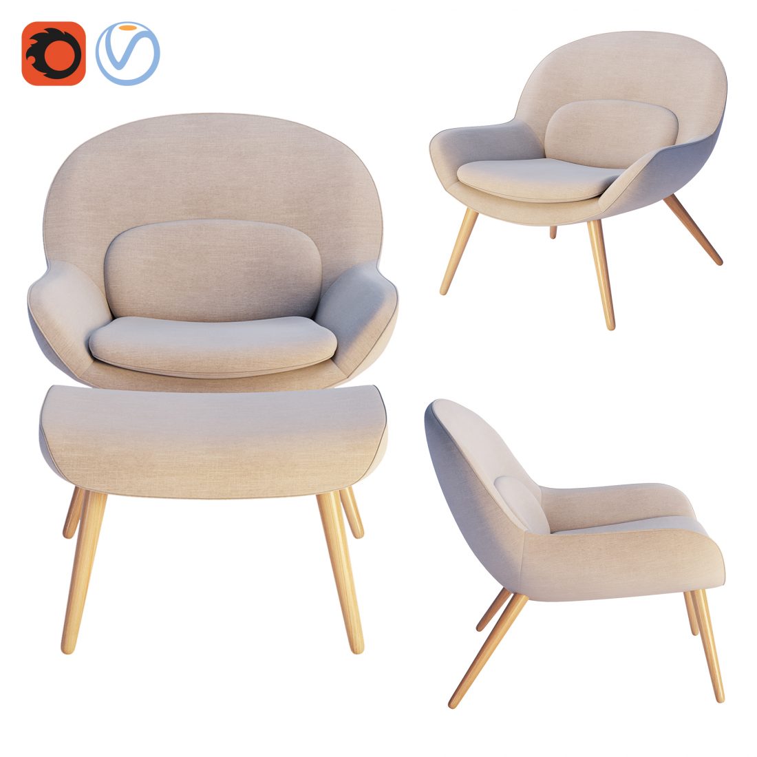 Steelcase X Bolia - Philippa Armchair&pouf - 3D Model for VRay, Corona