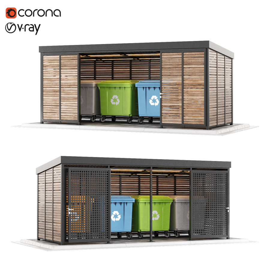 Garbage Bins Containers With Fencing 3D Model for VRay, Corona | CGMood