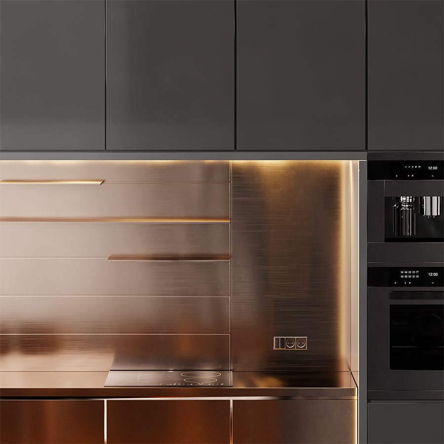 Bronze Kitchen With Island 3D Model for VRay, Corona | CGMood
