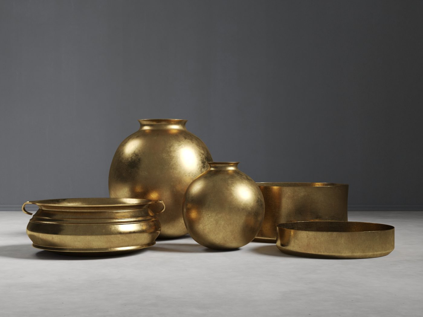 Burnished Brass Vases - 3D Model for VRay, Corona