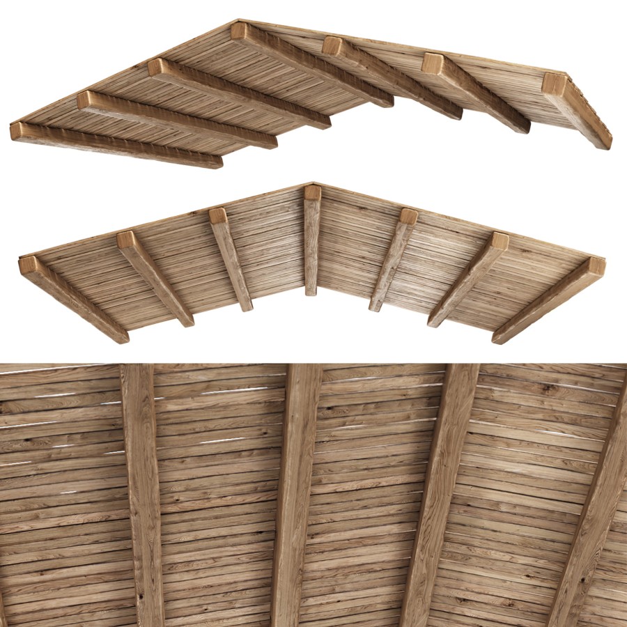 Gable Wooden Ceiling V2 - 3D Model for VRay, Corona