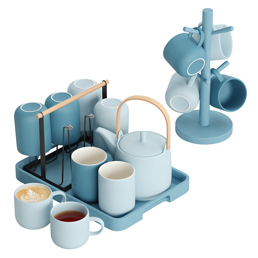 Morandi Blue Tea Set - 3D Model for VRay, Corona