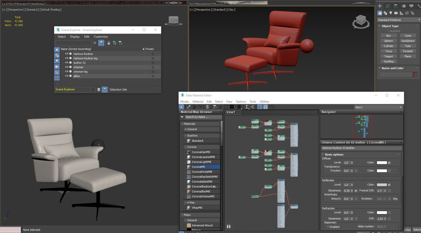 Harlowe Recliner - 3D Model for VRay, Corona