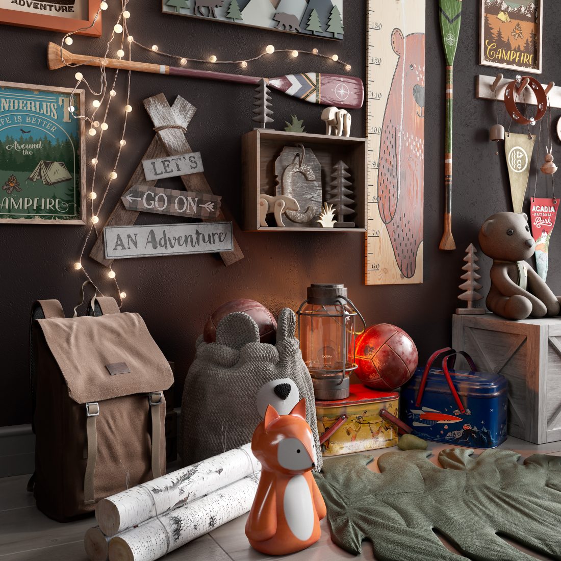 A Large Teen Room Set Of Decor In Scout Style - 3D Model for VRay, Corona