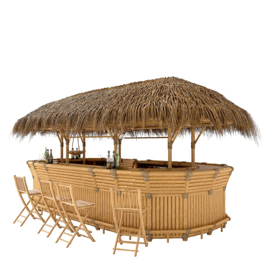 Thatched Bamboo Tiki Bar Oval With Chairs 3D Model for VRay | CGMood
