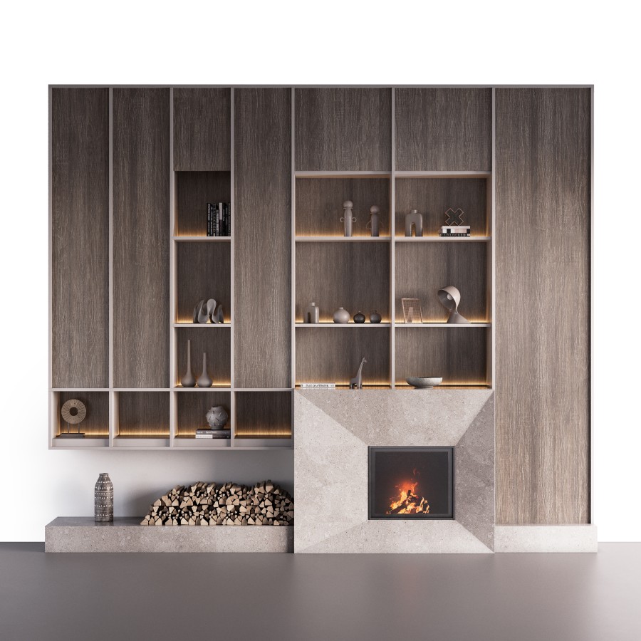 Fireplace With Shelves And Decor - 3D Model for VRay, Corona