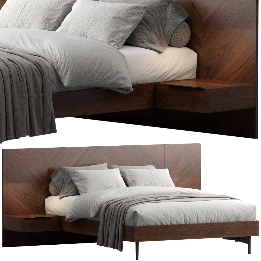 Nera Queen Bed With Nightstands 3D Model for VRay, Corona | CGMood