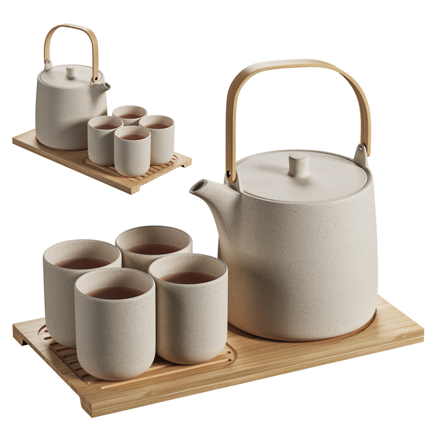 Oriental Japanese Minimalist Beige Ceramic Tea Set - 3D Model for Corona