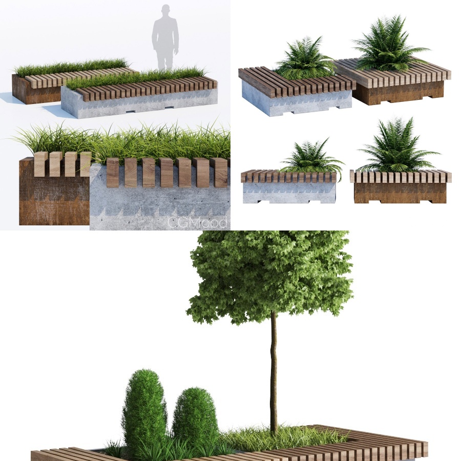 Big Green Benches Tree - 3D Model for VRay, Corona