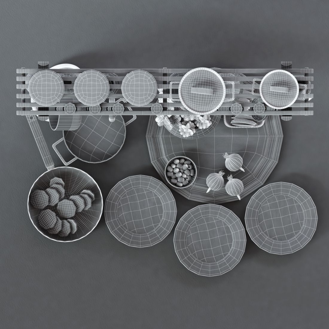 Kitchen Set Storage Racks Gsf701+cooking Pots - 3D Model for VRay