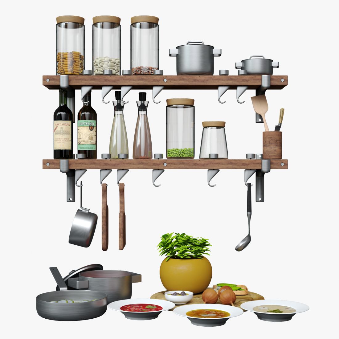 Kitchen Set Storage Racks Gsf701+cooking Pots - 3D Model for VRay