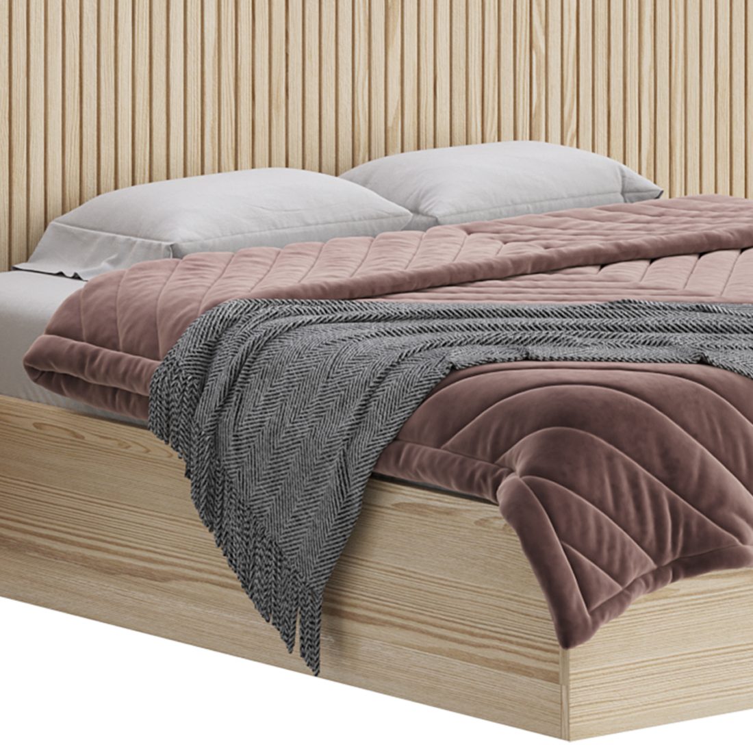 Batten White Oak King Plinth-base Storage Bed 3D Model for Corona | CGMood