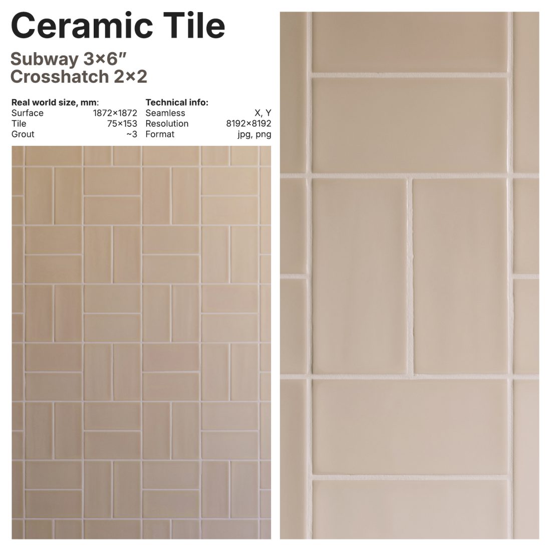 Subway Tile 3x6" Crosshatch 2x2 Texture / PBR Material | CGMood