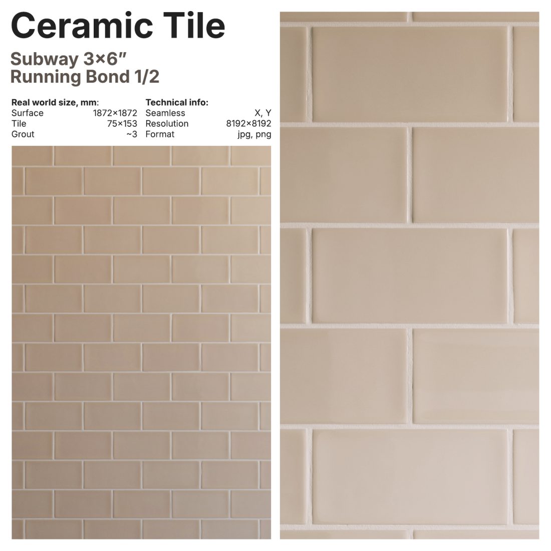 Subway Tile 3x6" Running Bond Half Offset - 3D Model for VRay, Corona
