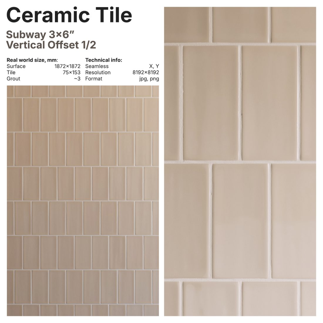 Subway Tile 3x6" Vertical Offset Texture / PBR Material | CGMood