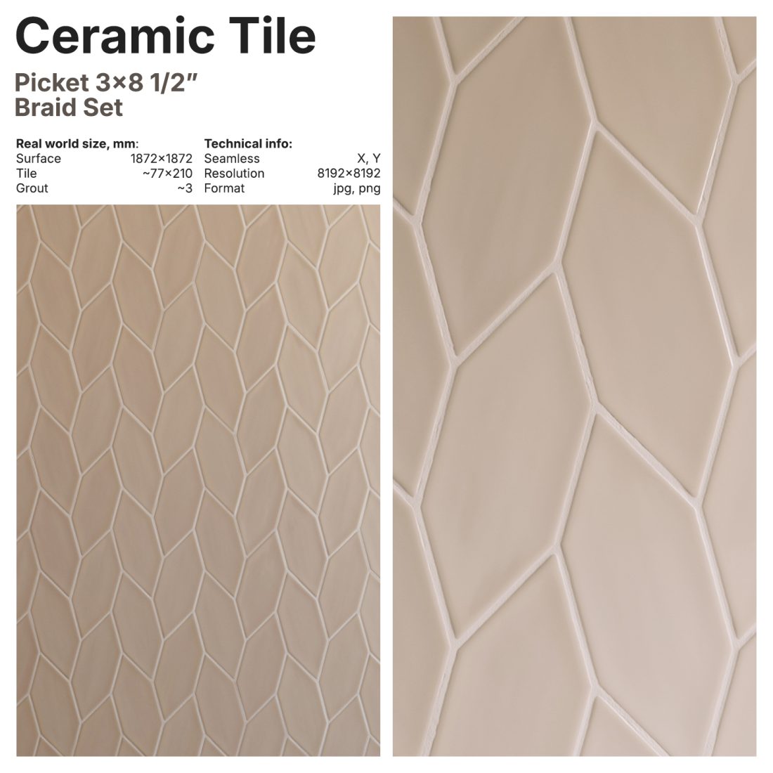 Wide Hex (picket) Tiles 3х8 1/2" Braid Texture / PBR Material | CGMood