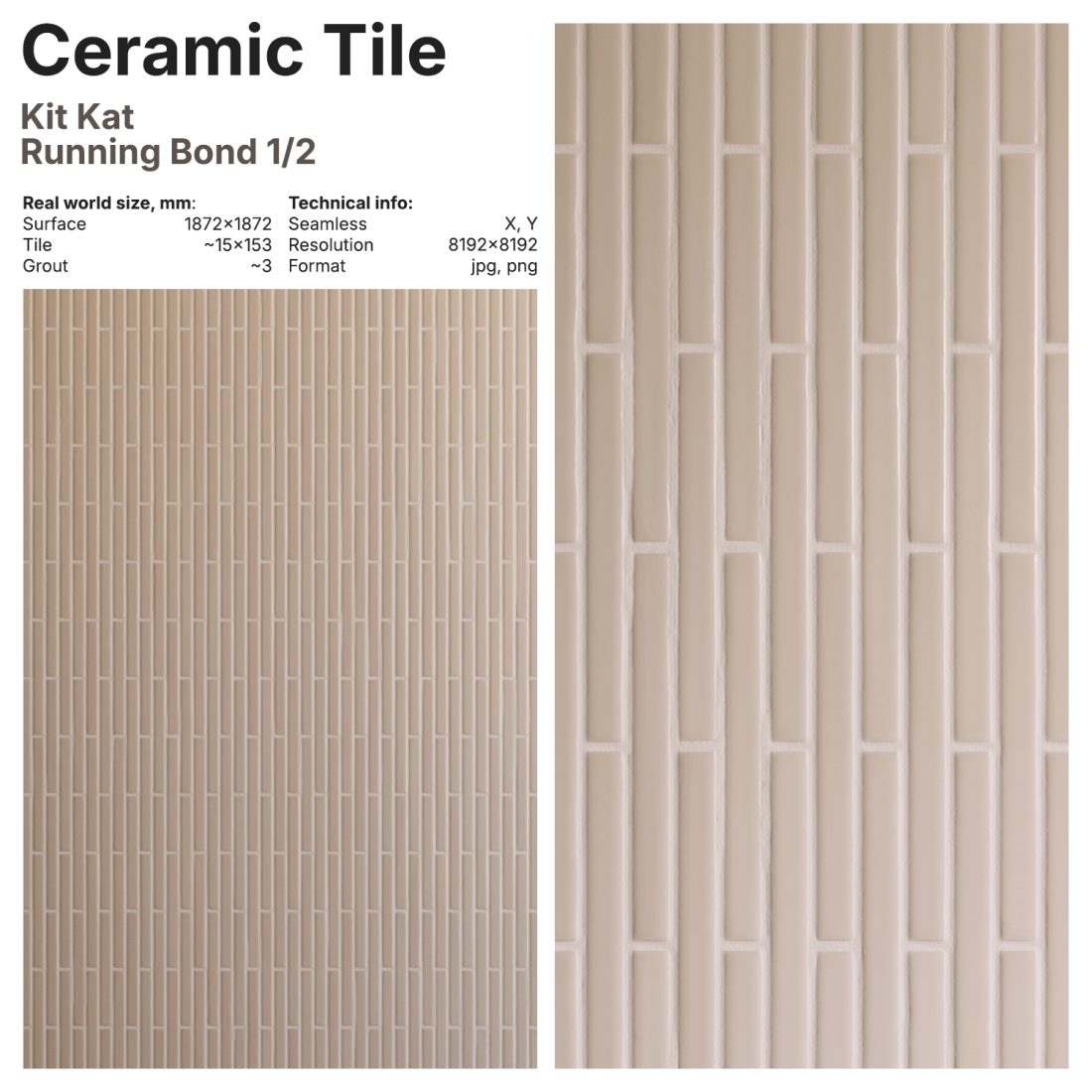 Kit Kat Mosaic Tiles 5/8x6" Running Bond 1/2 Verti Texture / PBR ...