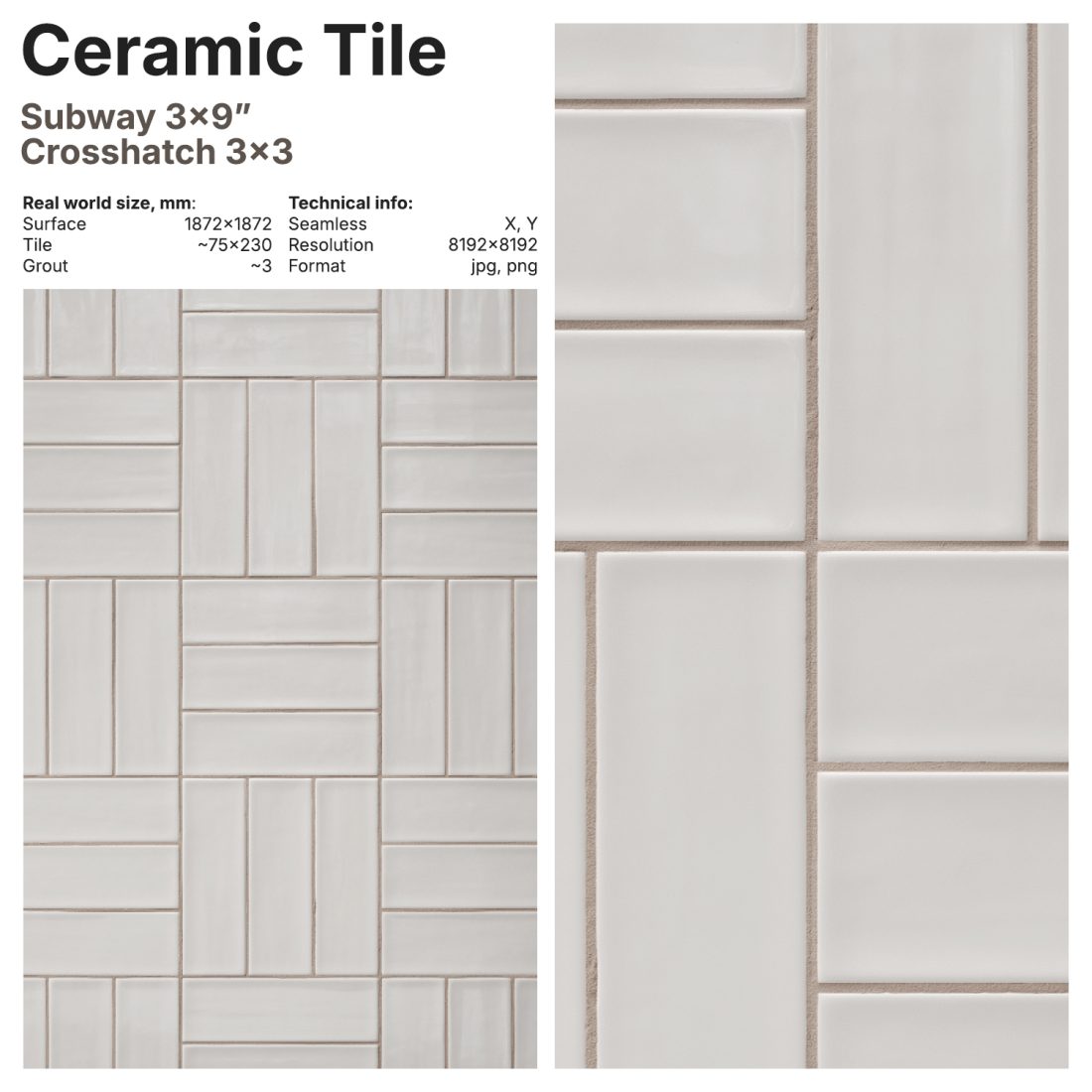 Subway Tile 3x9" Crosshatch 3x3 Texture / PBR Material | CGMood