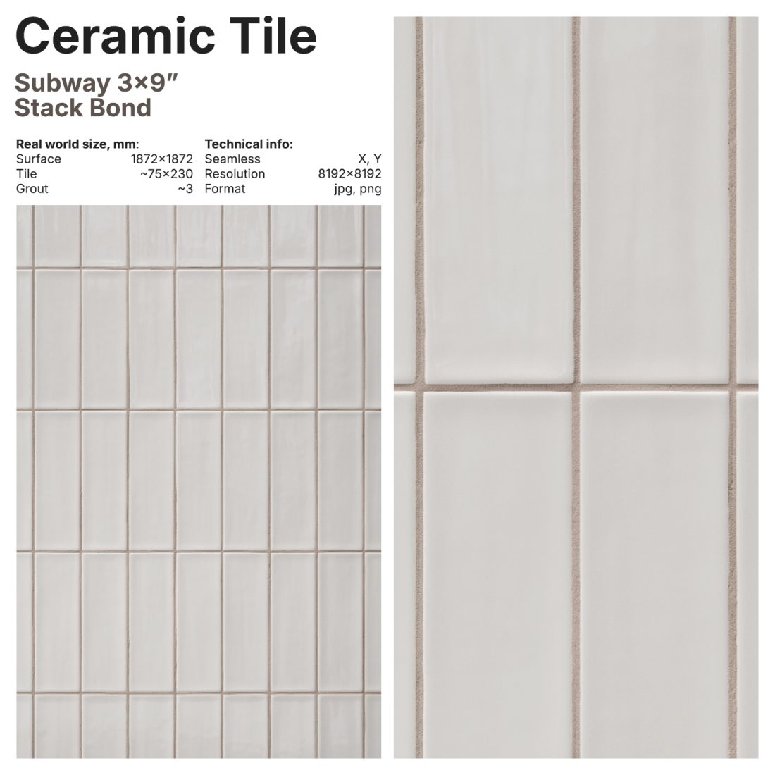 Subway Tile 3x9" Stack Bond Texture / PBR Material | CGMood