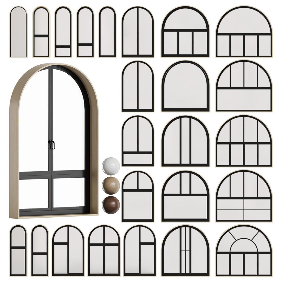 Modern Arched Windows Set - 3D Model for VRay, Corona