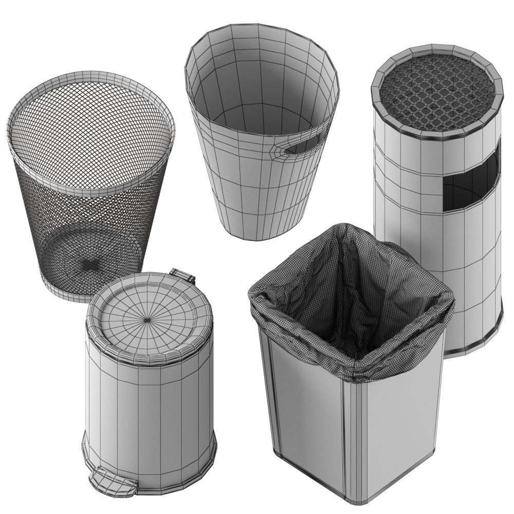 5 Trash Bin Low Poly - 3D Model for VRay