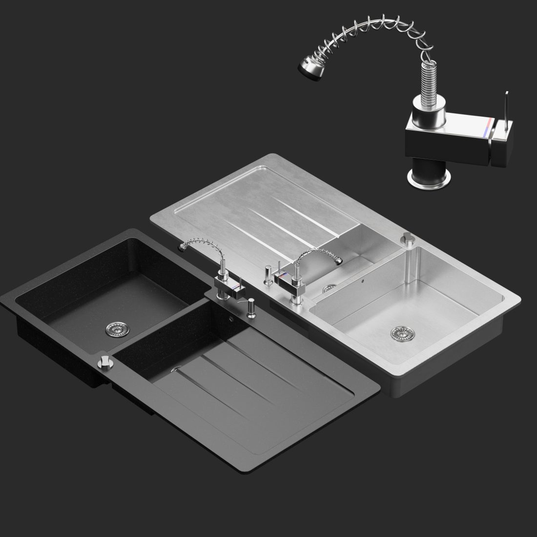 Double Bowl And Single Kitchen Sink-lavello Sinks - 3D Model for VRay ...