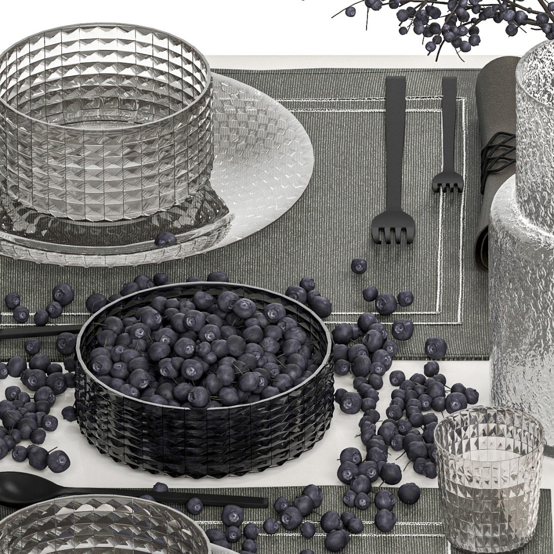 Table Setting With A Bouquet And Blueberries - 3D Model for VRay