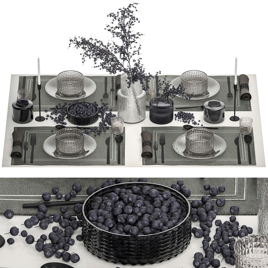 Table Setting With A Bouquet And Blueberries - 3D Model for VRay
