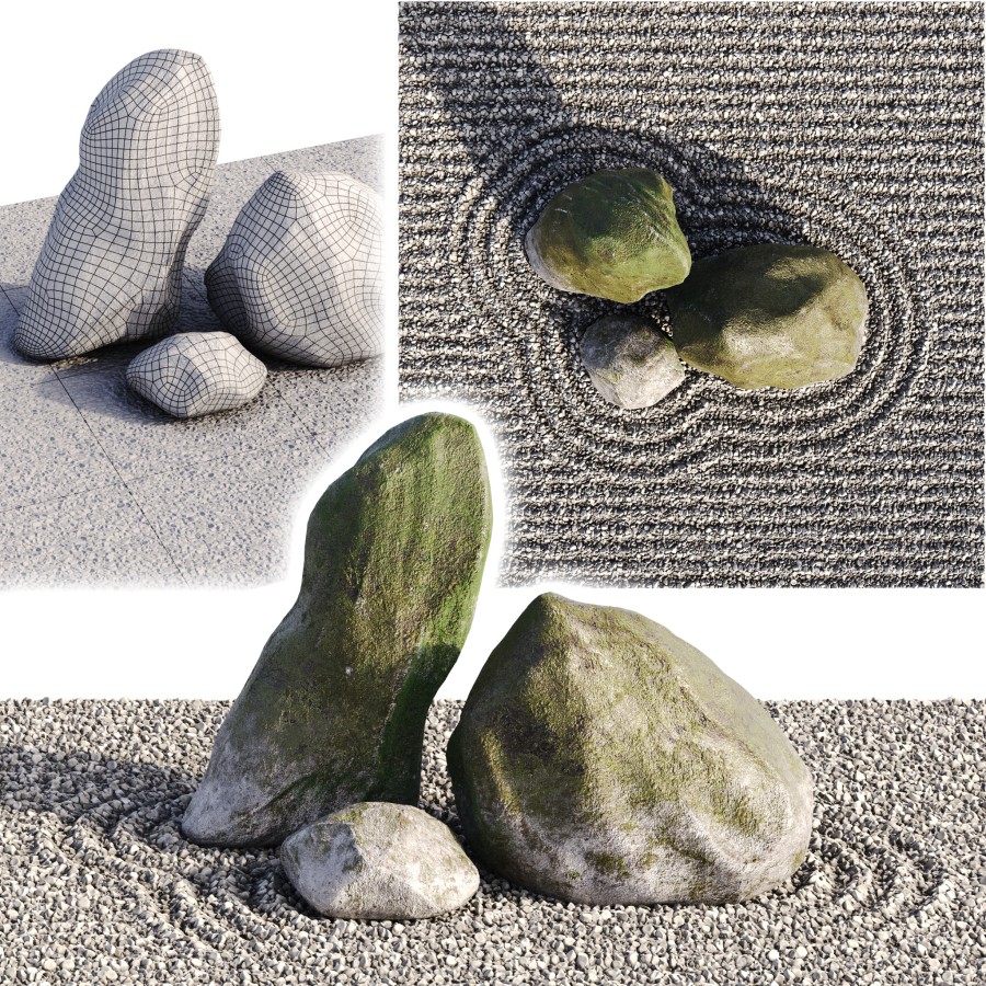 Lowpoly Japanese Rock (zen) Garden - 3D Model for VRay, Corona