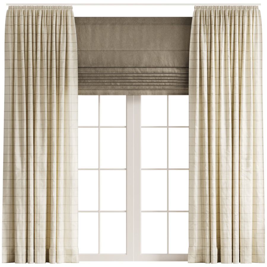 Grid Pattern Curtains With Roman Shade - 3D Model for VRay, Corona