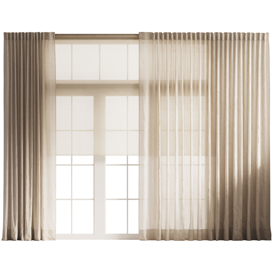 Linen Curtains With Roller Blind - 3D Model for VRay, Corona