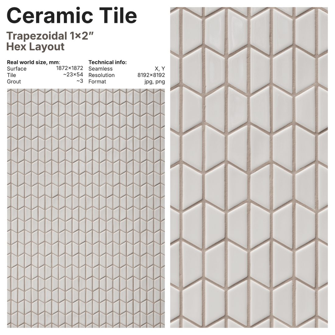 Trapezoid Mosaic Tile 1x2" Hex Layout - 3D Model for VRay, Corona