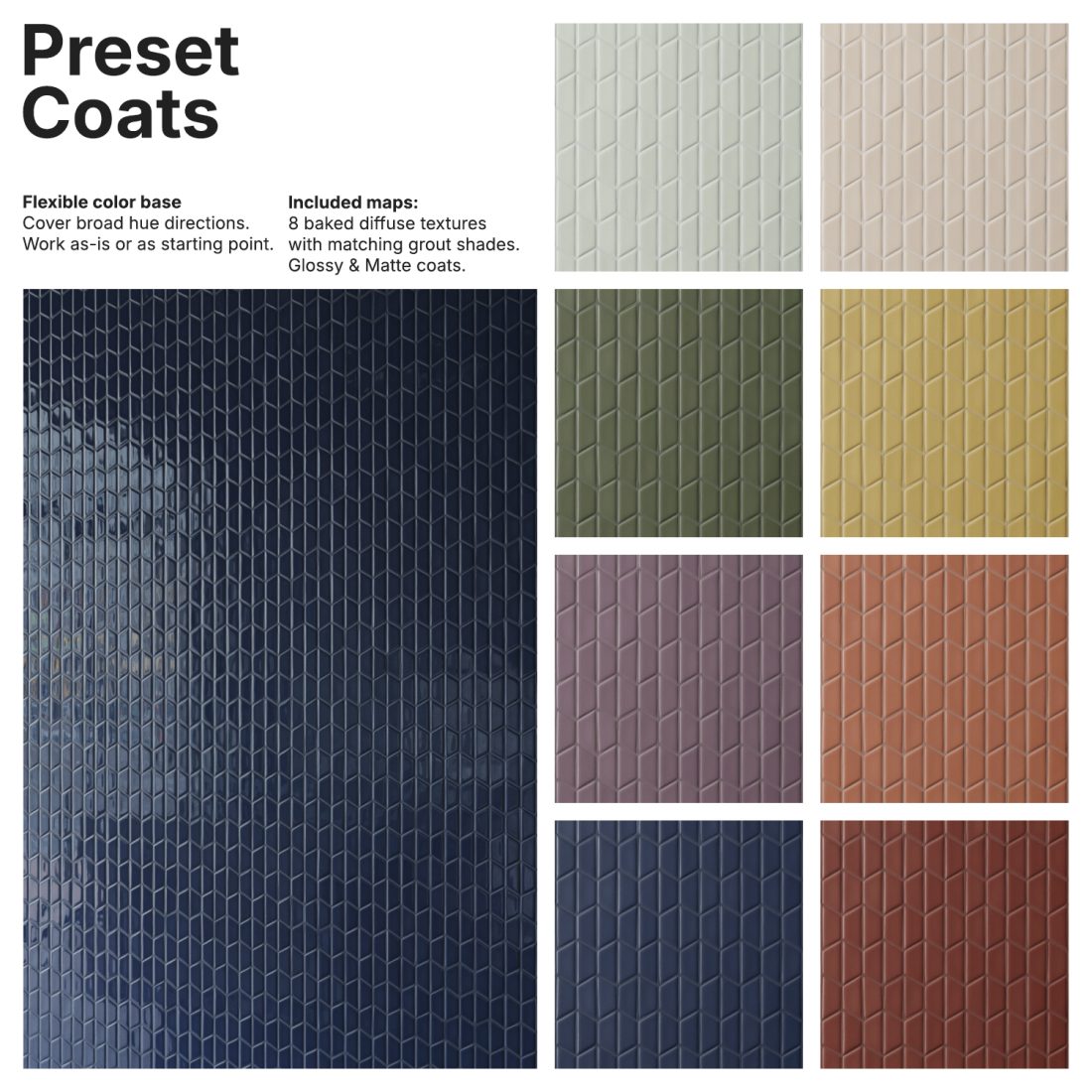 Trapezoid Mosaic Tile 1x2" Hex Layout - 3D Model for VRay, Corona