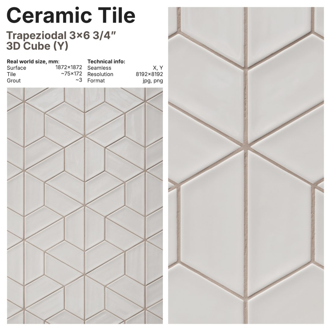 Trapezoid Tile 3x6 3/4" 3d-cube Layout - 3D Model for VRay, Corona