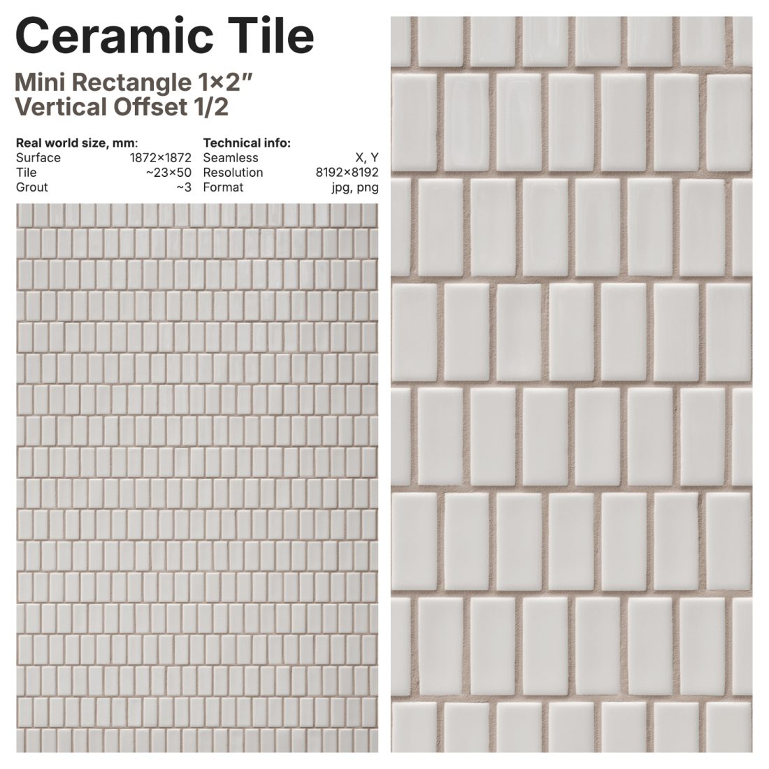 Mini Rectangle Mosaic Tiles 1x2" Vertical Offset - 3D Model for VRay ...
