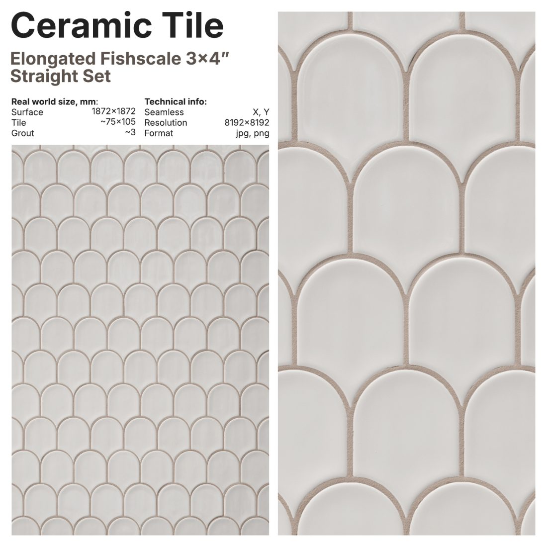 Elongated Fishcale Tile (fan, Scallop, Mermaid) 3x - 3D Model for VRay ...