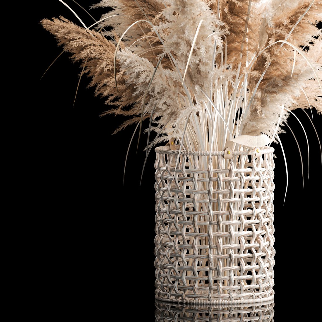 Bouquet Of Dry Reeds In A White Wicker Basket - 3D Model for VRay