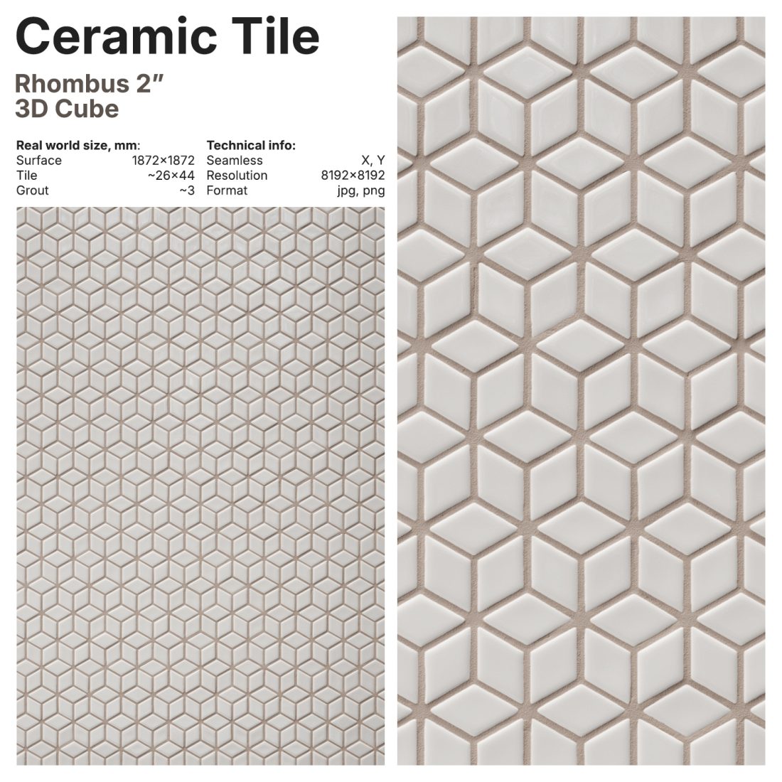 Rhombus Mosaic Tiles 2" 3d Cube Texture / PBR Material | CGMood