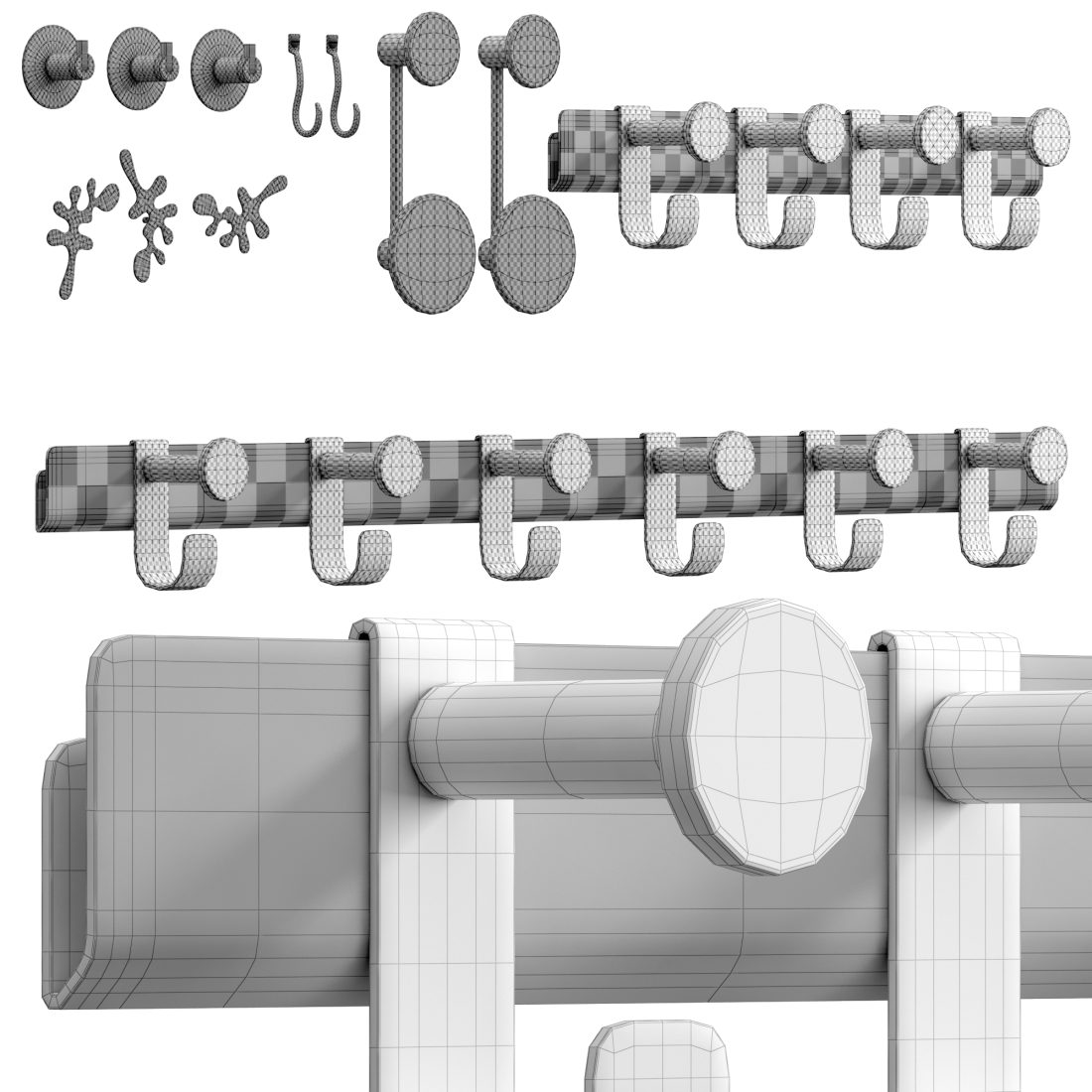 Wall Hook Set 3 With 5 Options - 3D Model for VRay, Corona