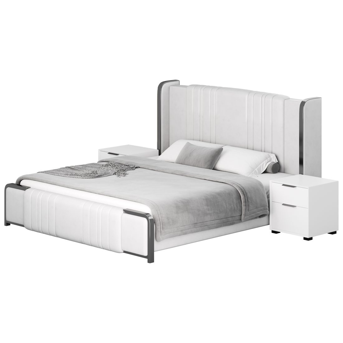 Glamorous White Upholstered Wingback Bed I - 3D Model for Corona
