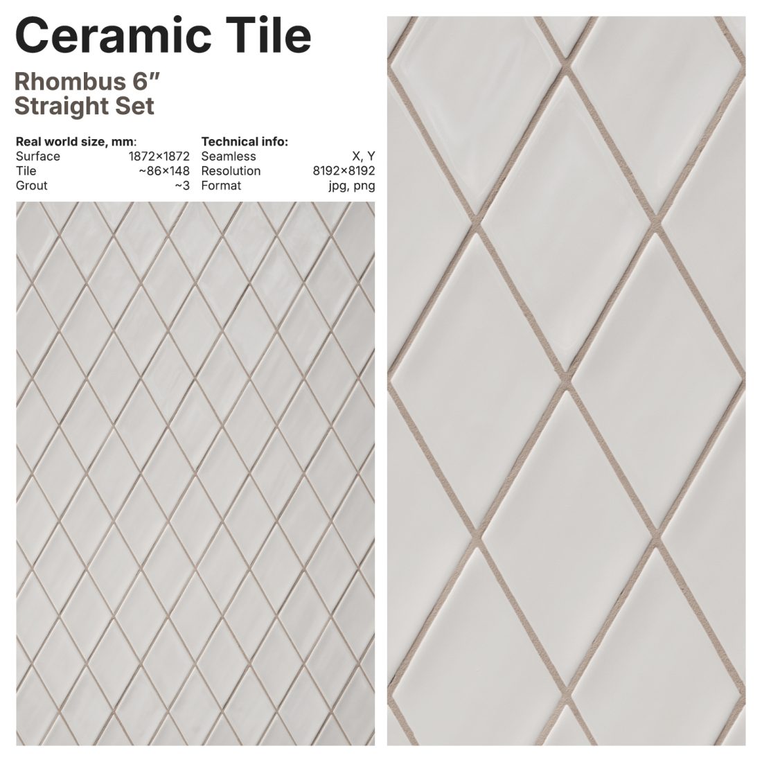 Rhombus Tile 6" (diamond) - 3D Model for VRay, Corona