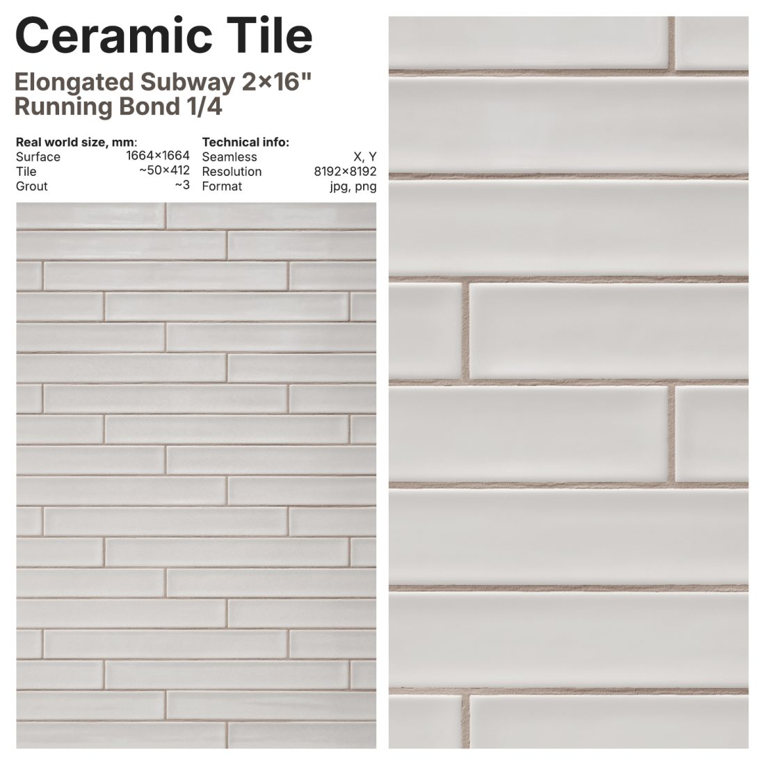 Elongated Subway Tile 2x16" Running Bond 1/4 Texture / PBR Material ...