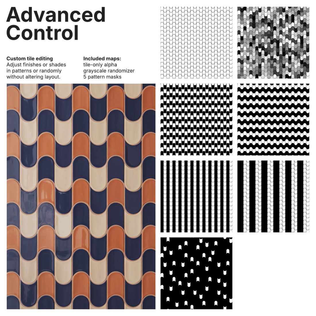 Elongated Crescent Tiles 3x5" Wave - 3D Model for VRay, Corona