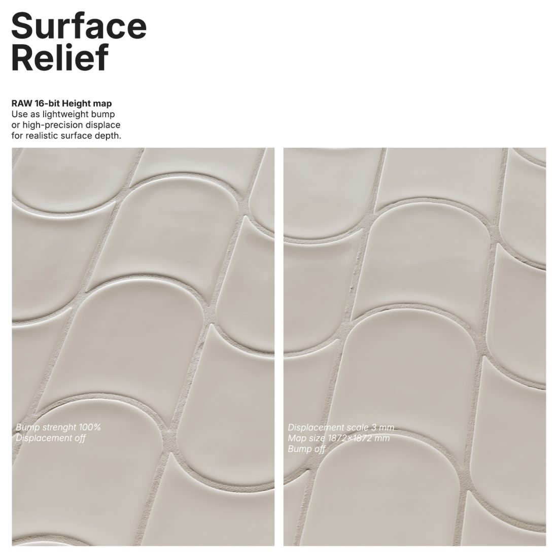 Elongated Crescent Tiles 3x5" Wave - 3D Model for VRay, Corona