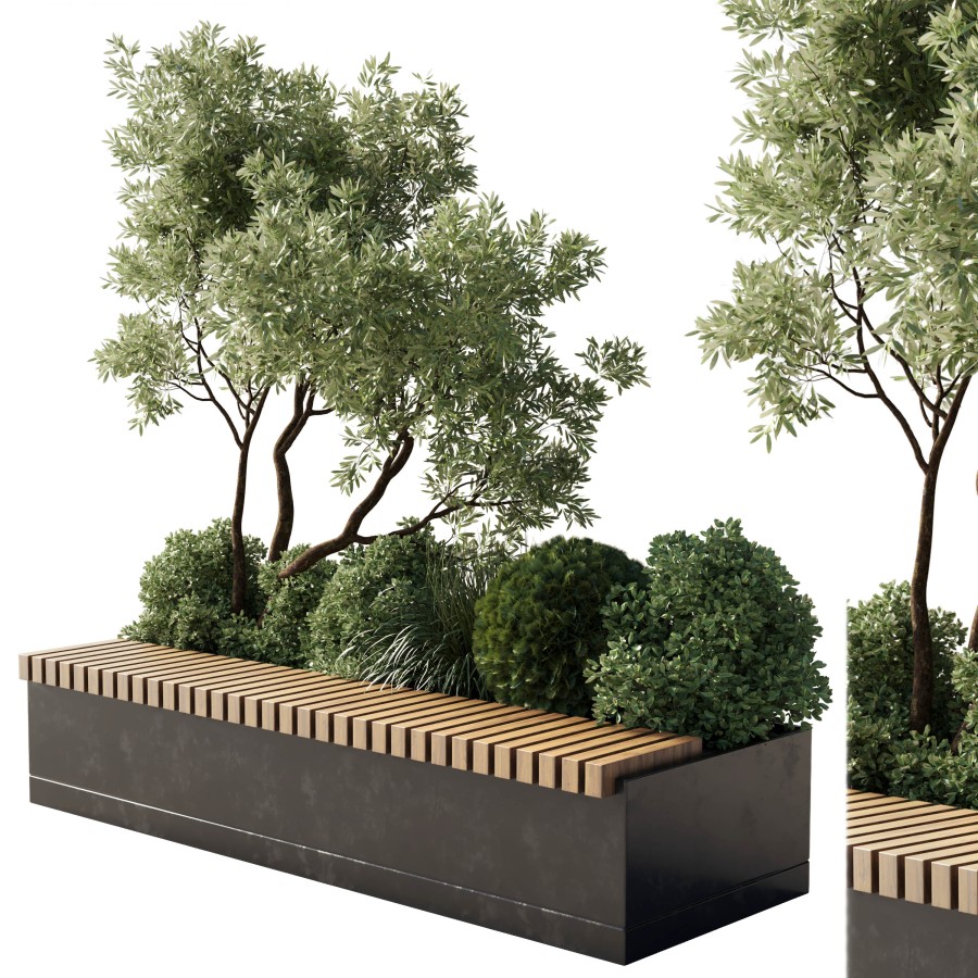 Urban Environment Urban Furniture Green Benches - 3D Model for VRay, Corona