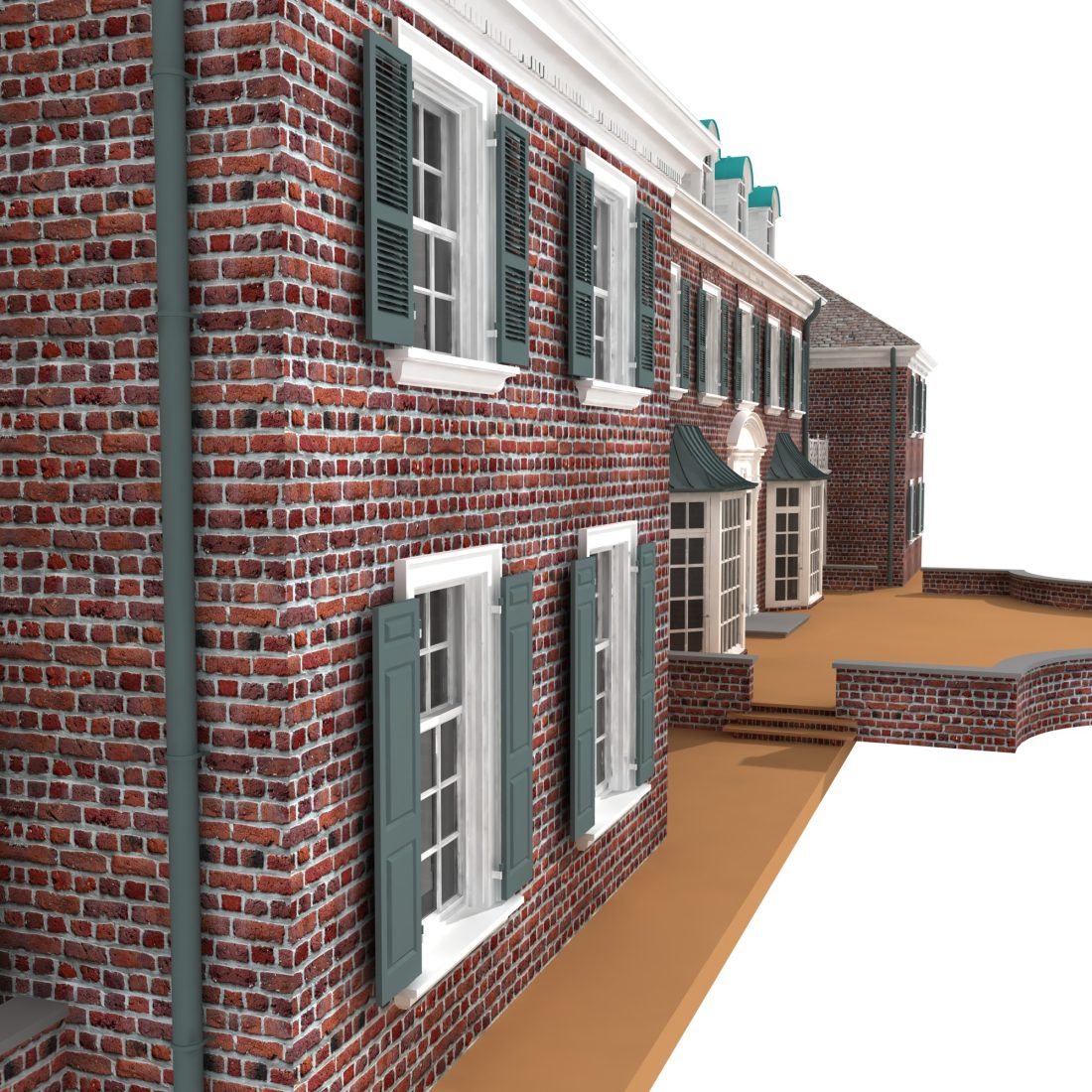 Classic English Red Brick House Building - 3D Model for VRay
