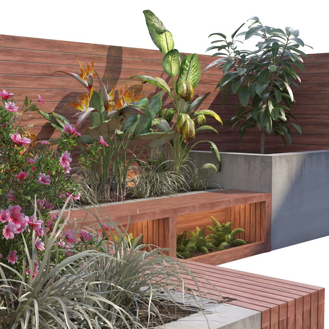 Corner Bench Seating With Planter - 3D Model for VRay, Corona