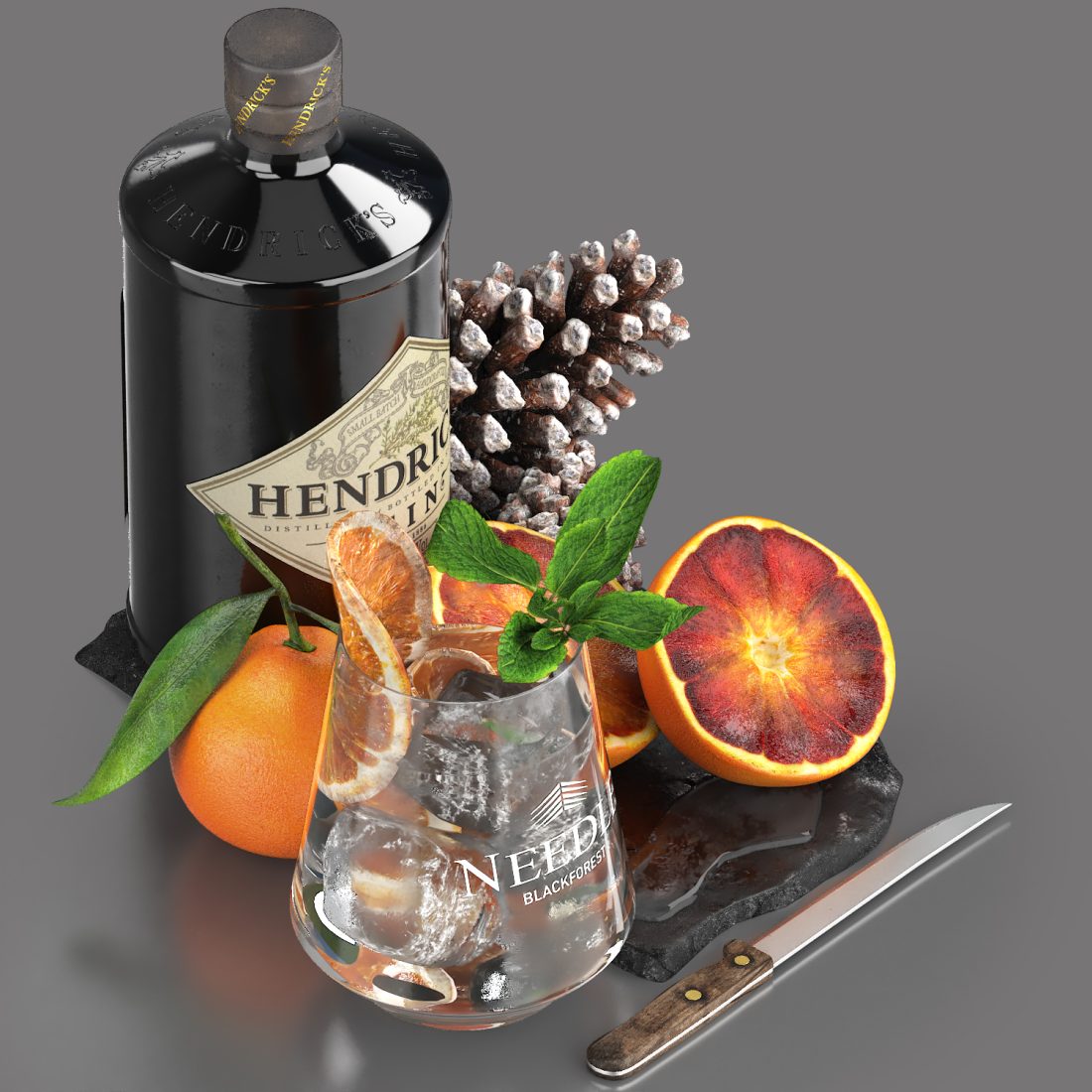Hendrick Gin With Pinecones And Blood Oranges - 3D Model for VRay, Corona