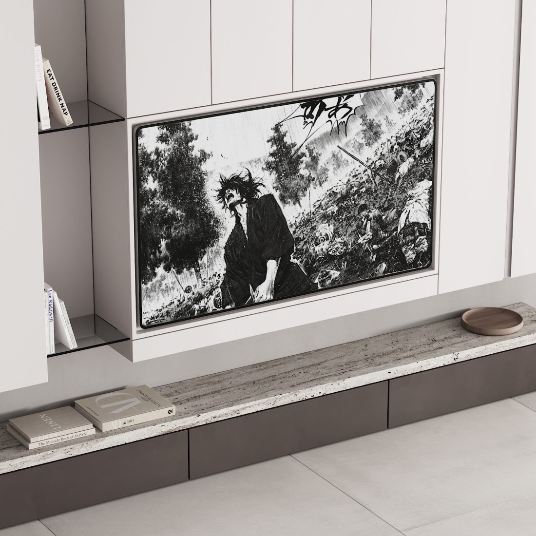 193 Tv Wall Kit 07 Minimal White And Travertine 00 - 3D Model for VRay ...