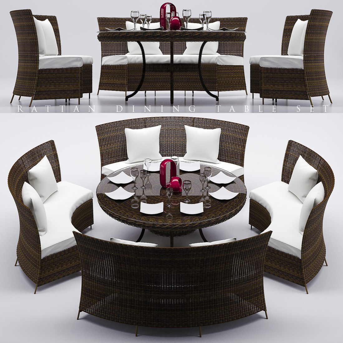Rattan Round Table Set - 3D Model for VRay